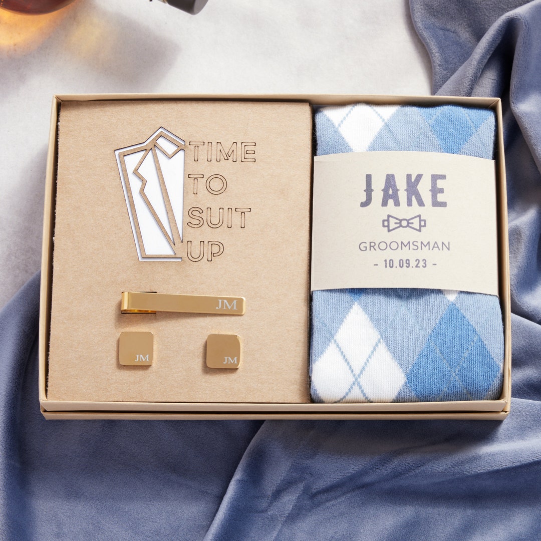 Time to Suit up Groomsmen Box With Groomsmen Socks, Engraved Cufflinks ...