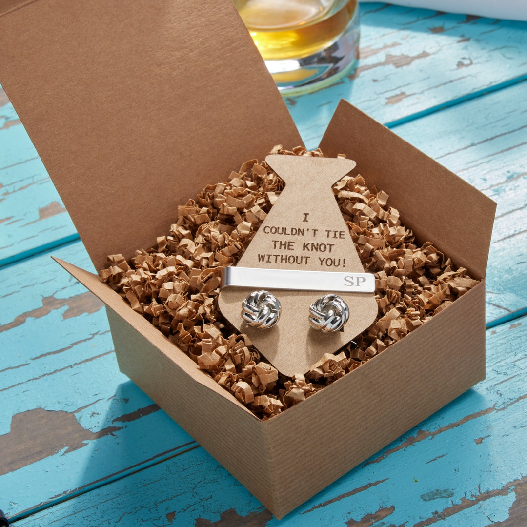 Engraved Silver Tie Clip and Knot Cufflink Gift Box Set, Groomsmen ...