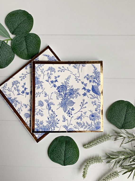 Blue Toile Cocktail Napkins - Gold Edge by EnFete | Catch My Party