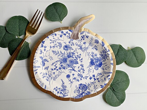 Blue Toile Pumpkin Dessert Plates by EnFete | Catch My Party