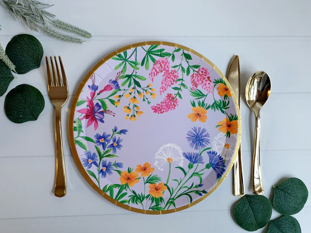 Wildflower Paper Dinner Plates: Gold Rim Party Decor (set of 10) - Etsy