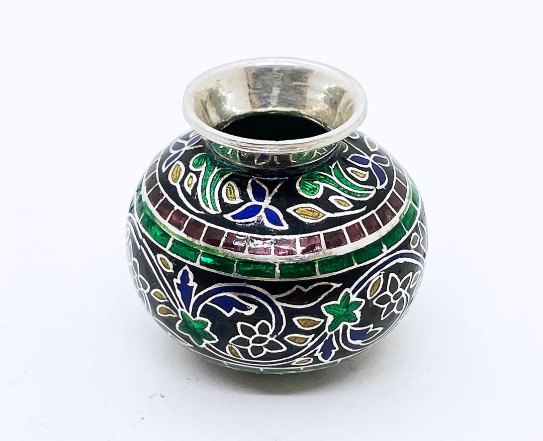 Antique Lota Kalash Puja Vase in Sterling Silver and Meenakari Enamels ...