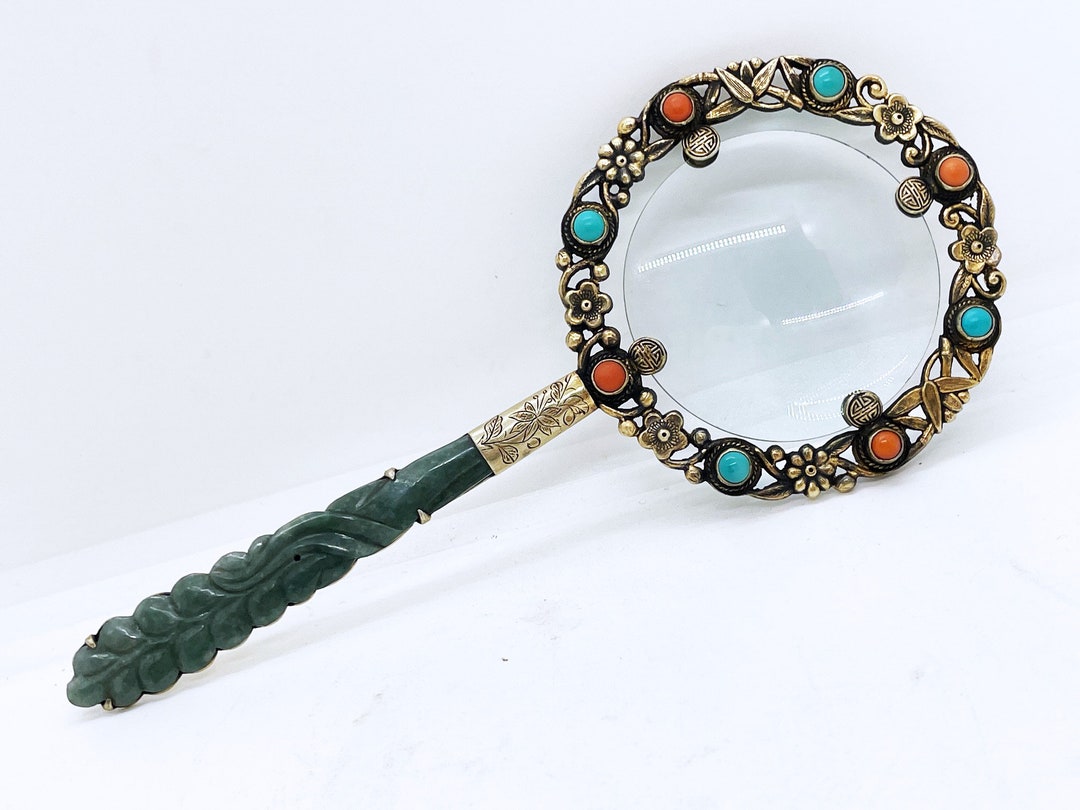 Antique Chinese Export Silver Vermeil Jade Coral Magnifying Glass ...