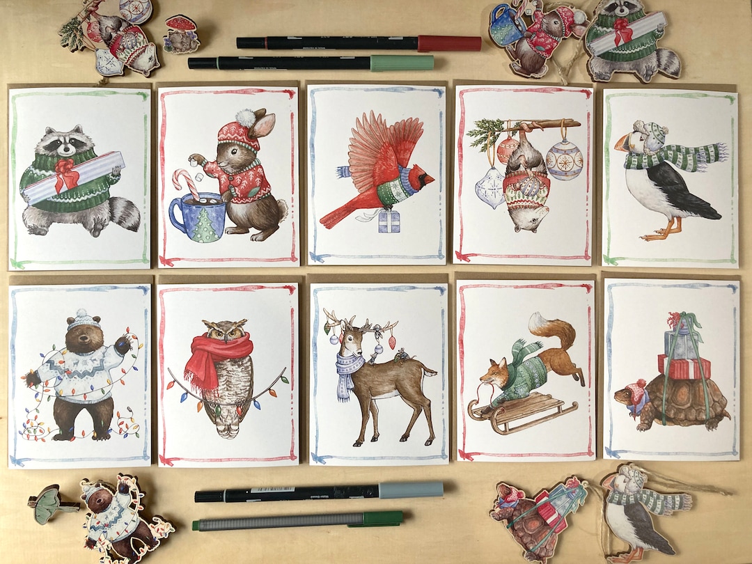 Note Card Set - 10 Festive Critters on Blank Recycled Cards - Etsy