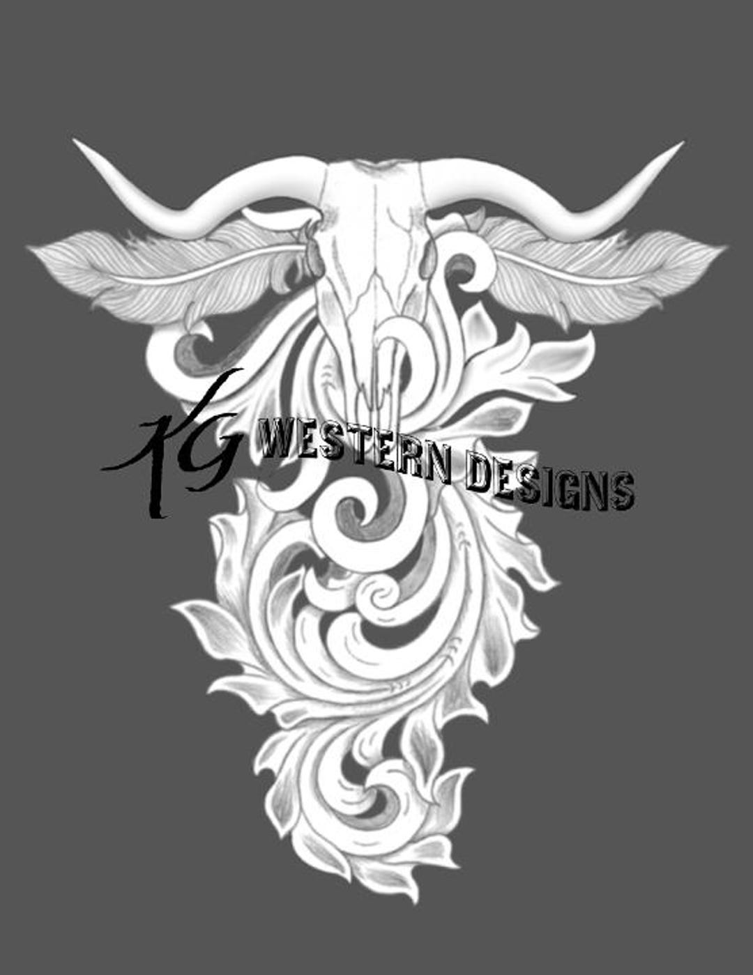 Leather Tooling Western Longhorn Cow Skull Feathers Vines-tracing ...
