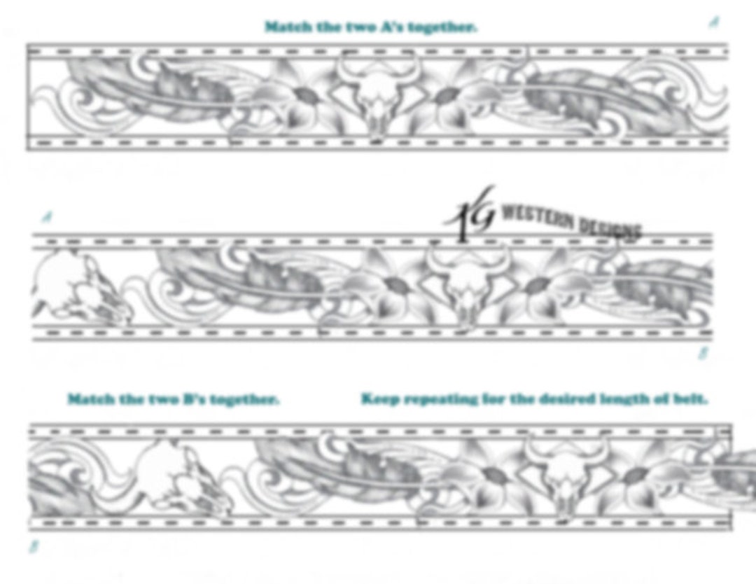 Leather Belt Tooling Pattern- Cowskull, Feathers + Flowers Design ...