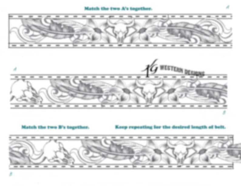 Leather Belt Tooling Pattern- Cowskull, Feathers + Flowers Design Pattern Download - Etsy
