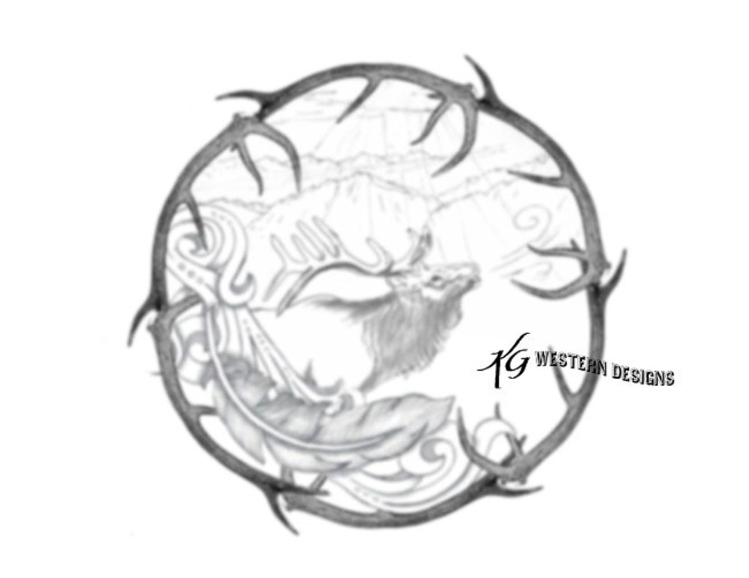 Leather-tooling-element- Elk, Antlers and Mountains Scene - Feathers ...