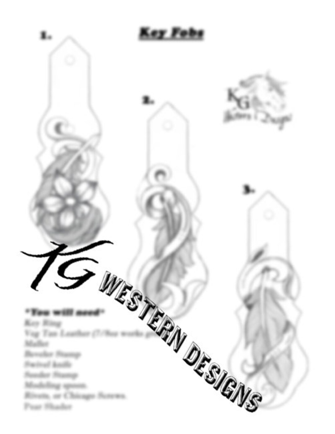 Leather Tooling Feather Keychain Ring Fobs, Saddle Charms, Design ...