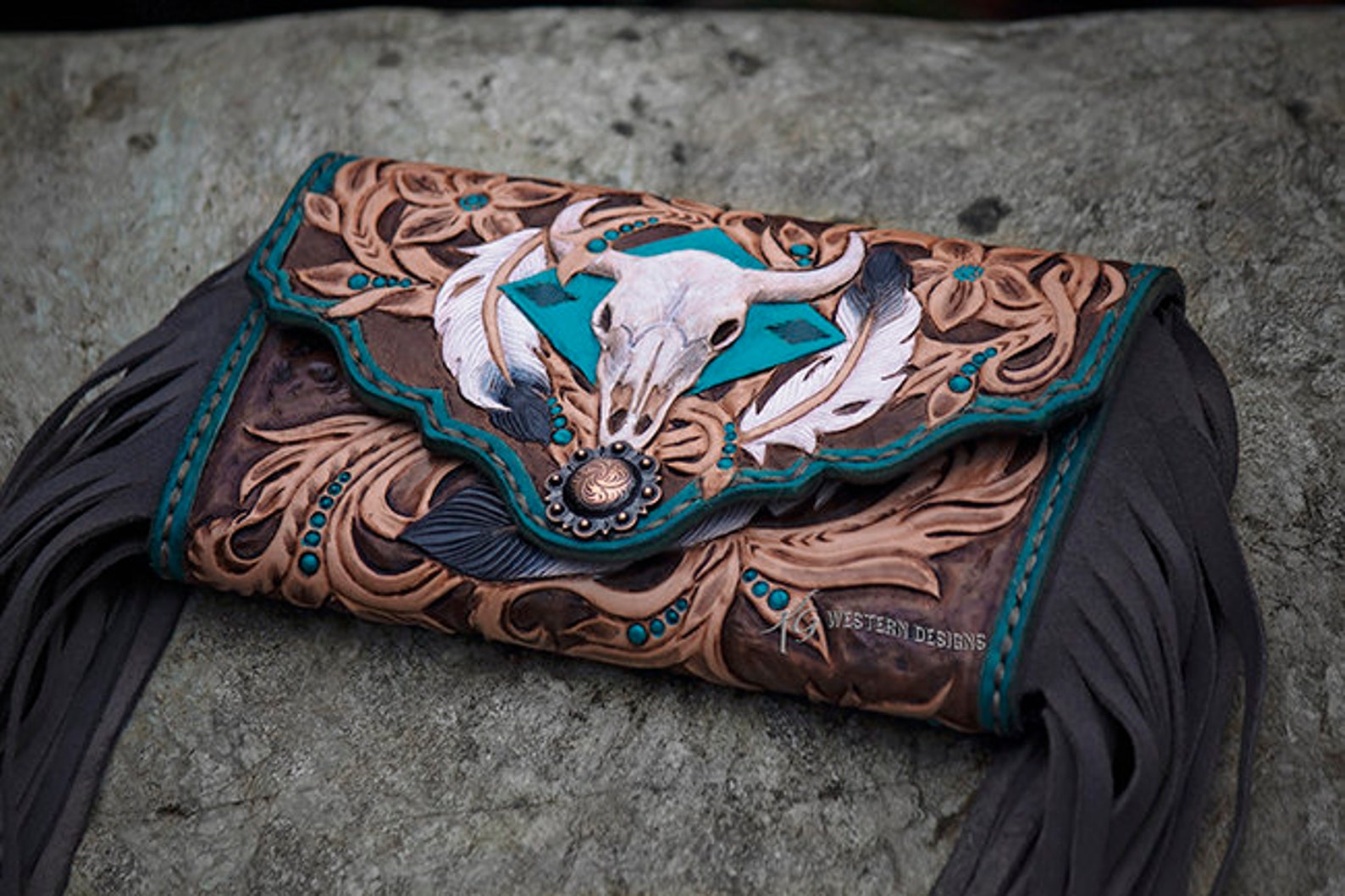 Leather Wallet Tooled Phone Bi-fold Clutch Purse With Fringe Template ...
