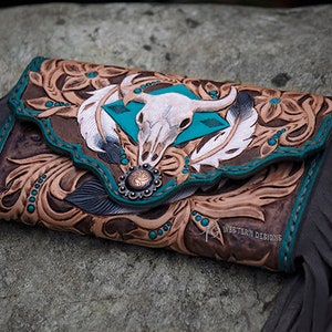 Leather Wallet Tooled Phone Bi-fold Clutch Purse With Fringe Template ...