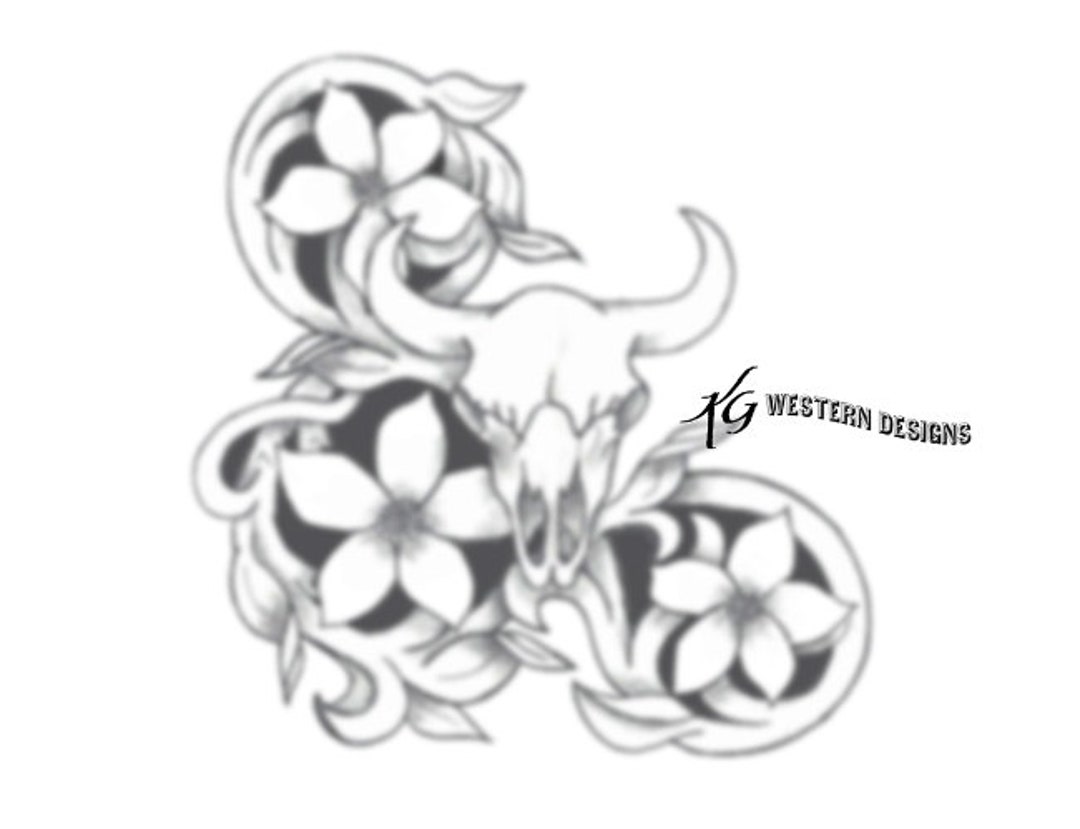 Flowers and Vines Western Bull Cow Skull Leather Tooling Tracing ...