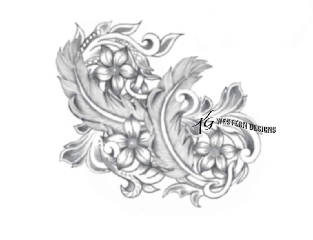 Feathers-flowers-vines Leather Tooling Carving Design Tracing Pattern ...