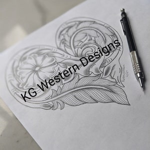 Filigree Heart Shape Design Floral Feathers Carving Leather Tooling ...