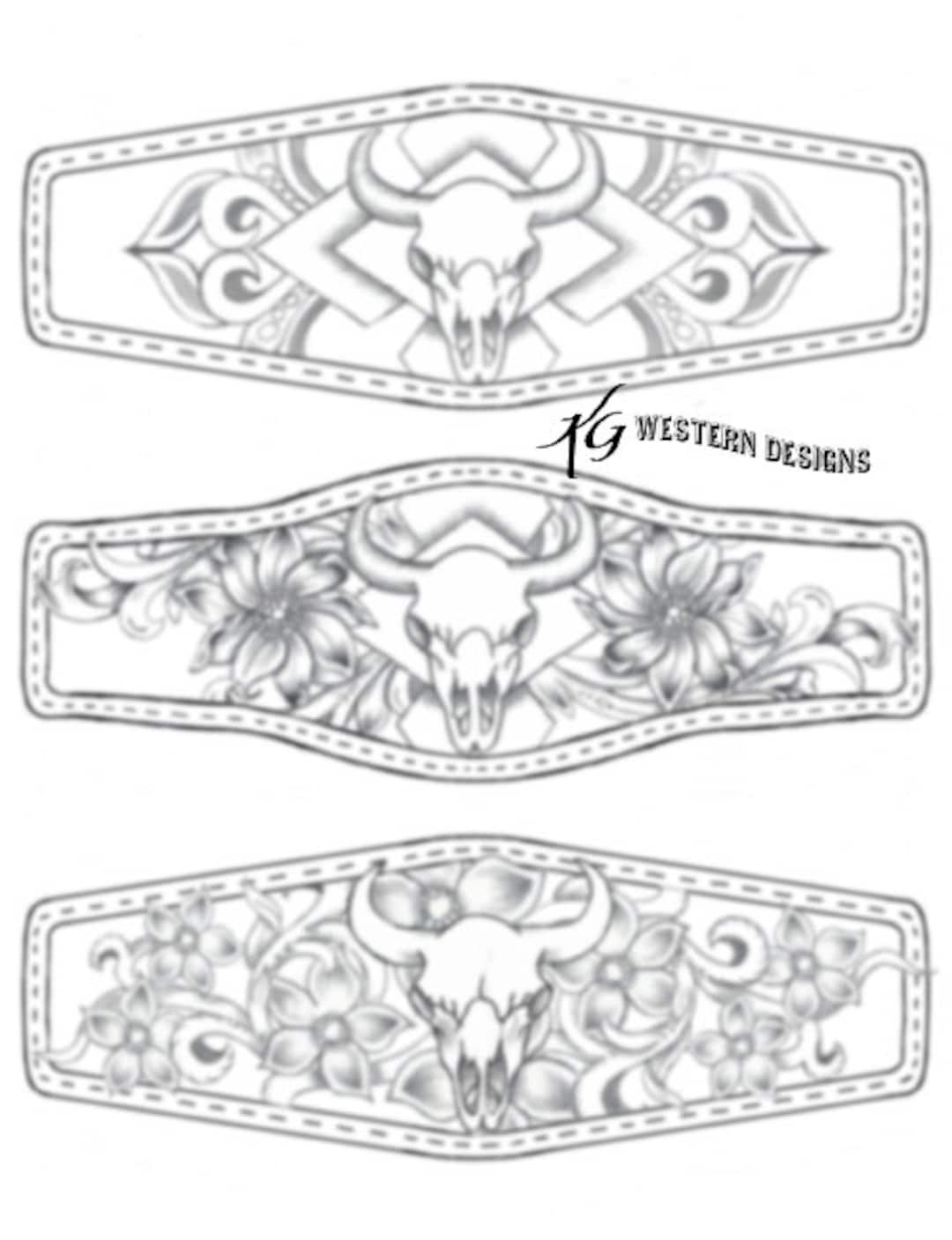 3 Western Cowskulls With Flowers and Southwestern, Aztec Design Leather ...