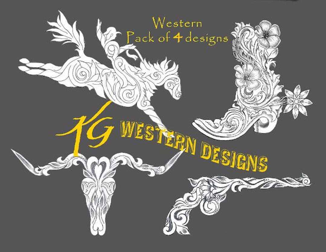 4 Western Filigree Design Bundle Pack, Bucking Horse, Colt 45, Cow ...