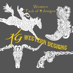 4 Western Filigree Design Bundle Pack, Bucking Horse, Colt 45, Cow ...