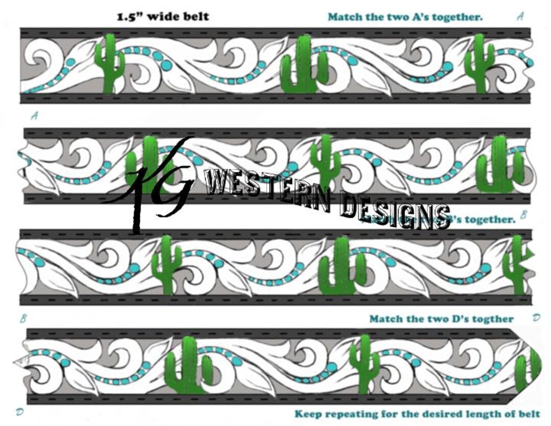 Cactus, Vines and Scrolls, Leather Belt Tooling Pattern Design 3 Sizes ...