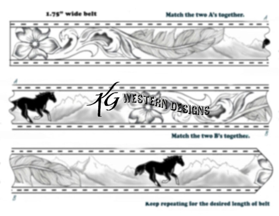 Leather Belt Pattern -mountain Scene With Horse -western Scrolls ...