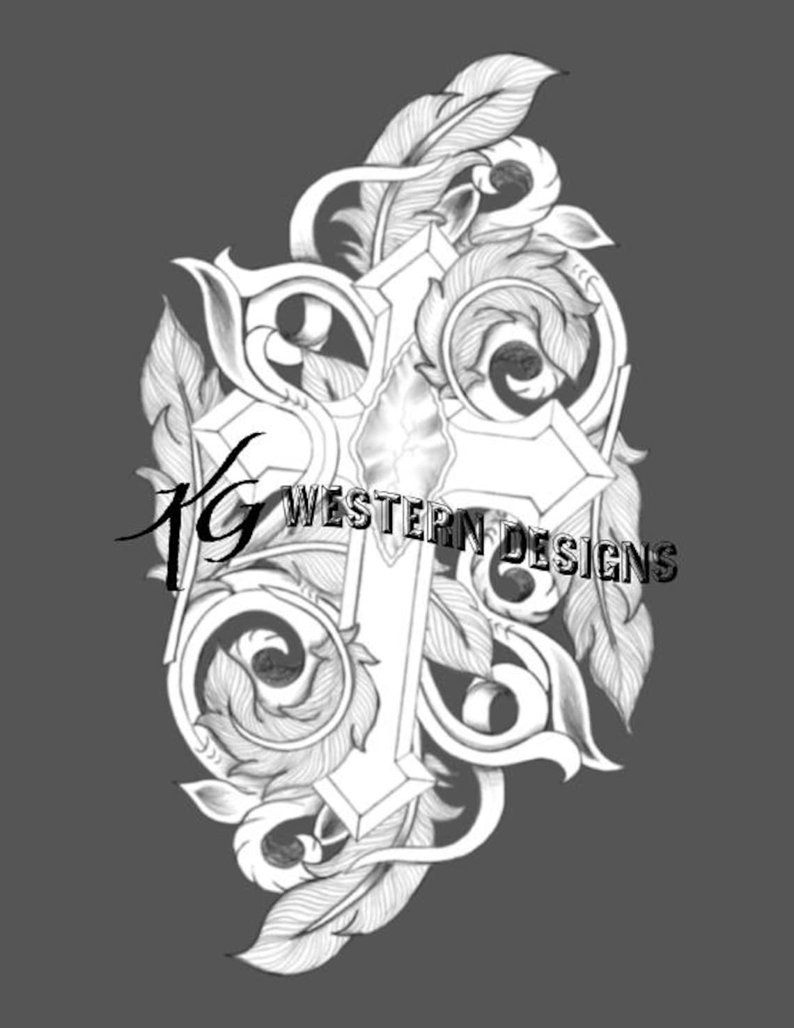 Western Cross, Feathers, Vines and Turquoise Stone, Leather Tooling ...
