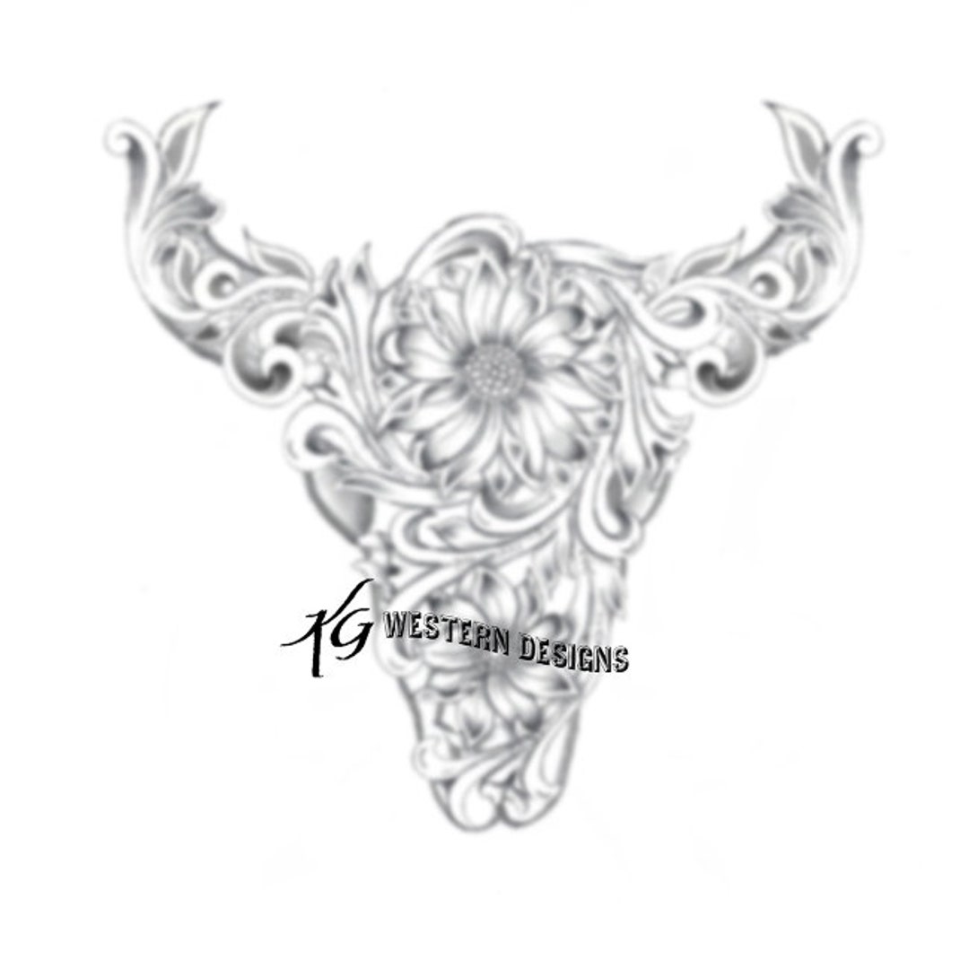 Sunflowers-vines in Shape of Cowskull Western Design Carving Leather ...