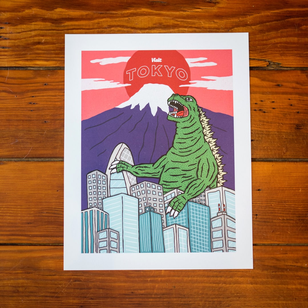 Visit Tokyo Travel Poster - Godzilla Poster - Illustrated Godzilla Wall ...