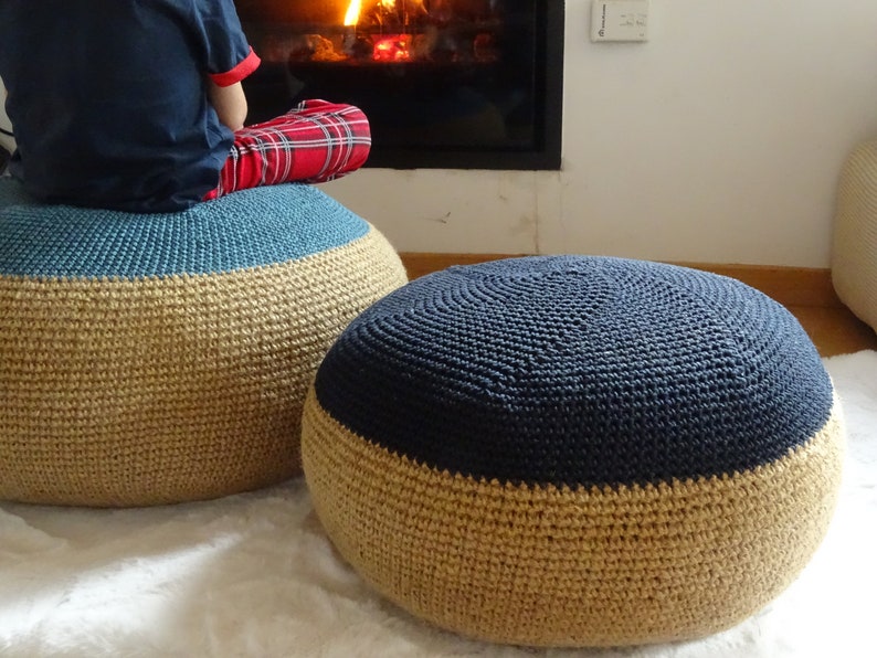 Jute Ottoman Pouf, Crochet Stuffed Pouffe, Ottoman Pouf Custom Sizes ...