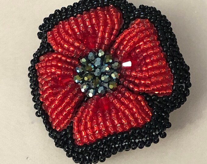 Handmade Beaded Poppy Brooch With Swarovski Crystals and Raised ...