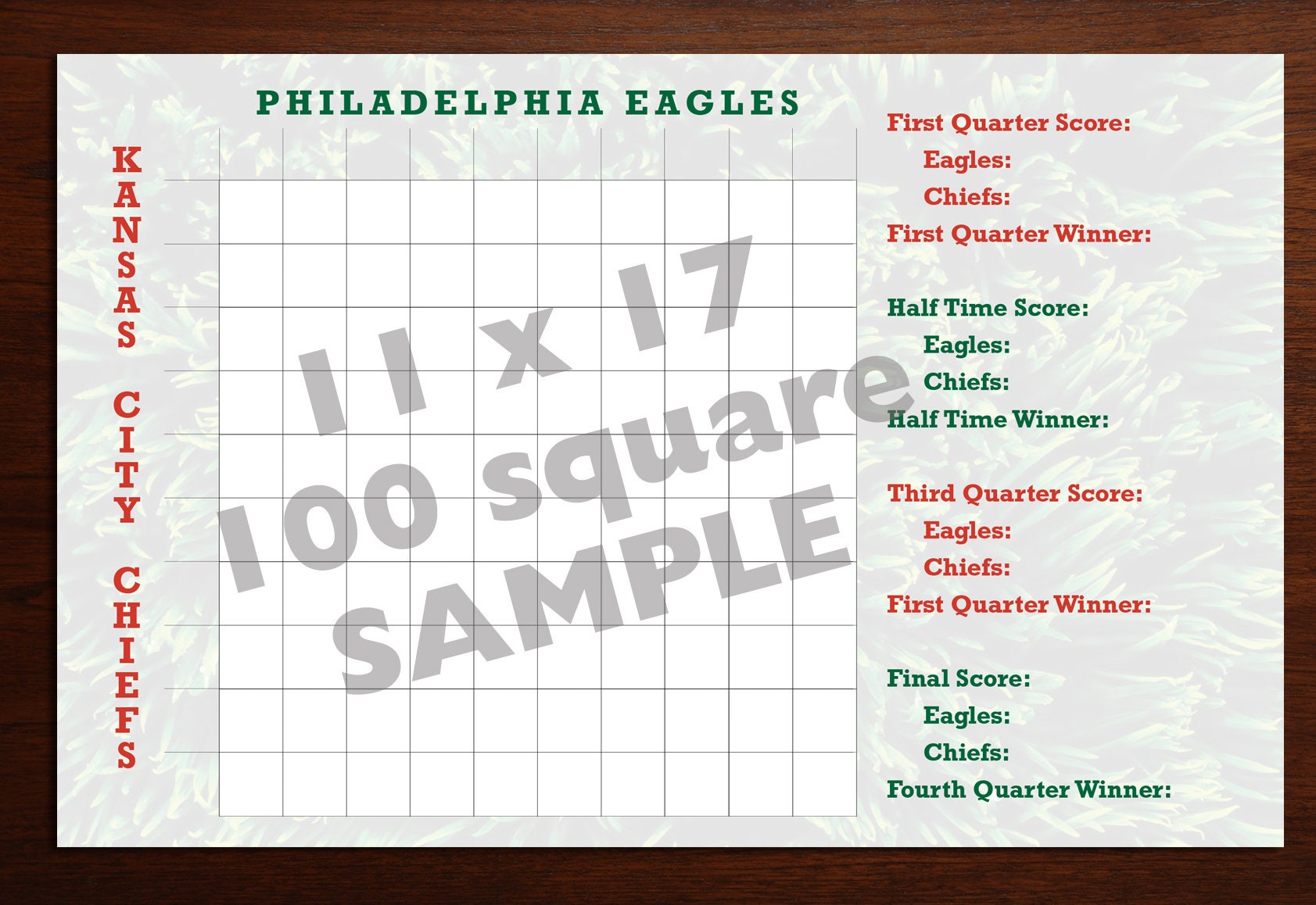 2024 Super Bowl Football Grid. Big Game Day Football Pool Chart ...
