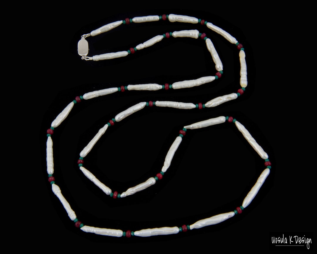 Long Holiday Necklace of Long White Biwa Pearls, Ruby and Green ...