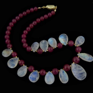 Beautiful Ruby & Rainbow Moonstone Drop Necklace. Rubies With Uniform ...