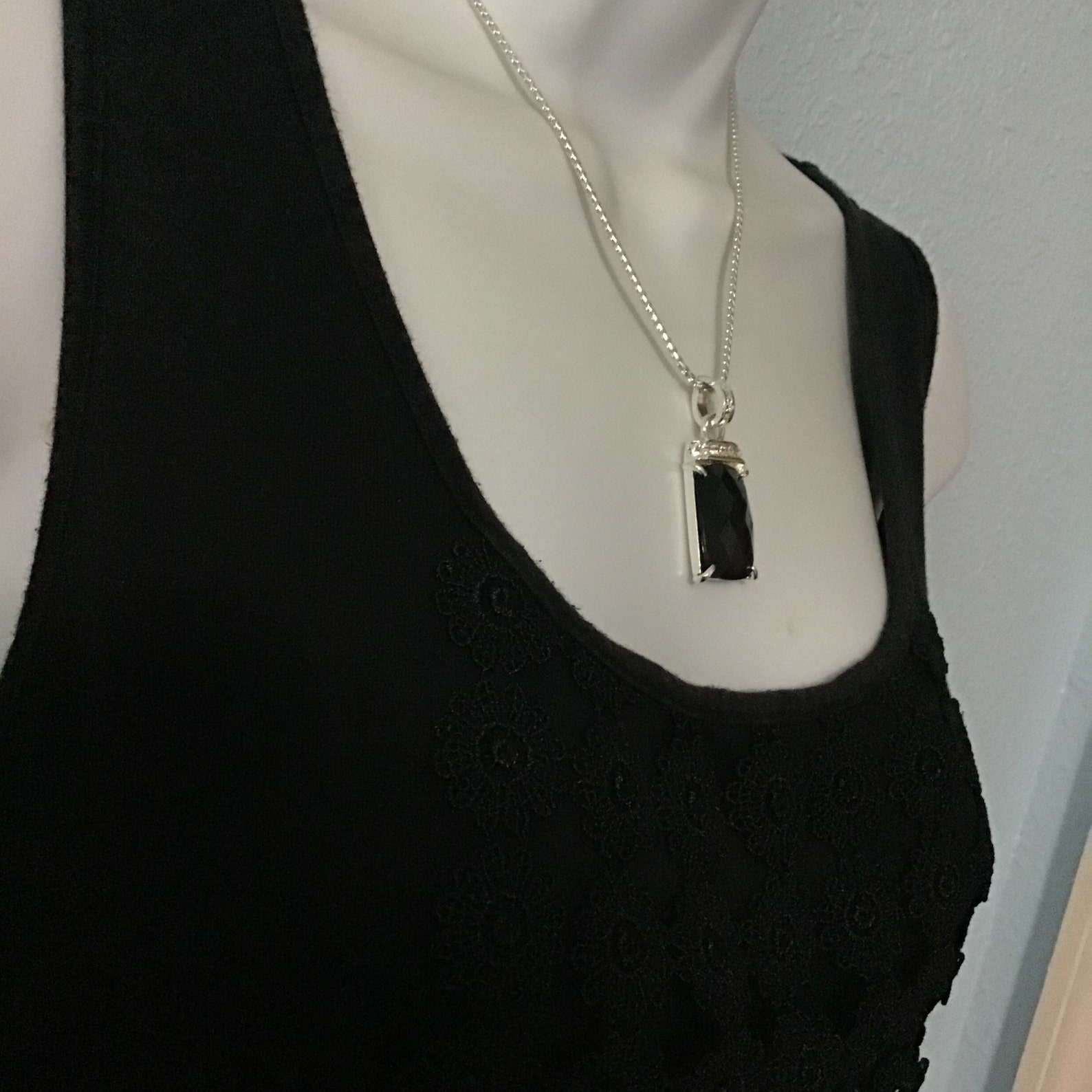 RMN Vintage Black Rhinestone Pendant Necklace, Silver Tone Chain - Etsy
