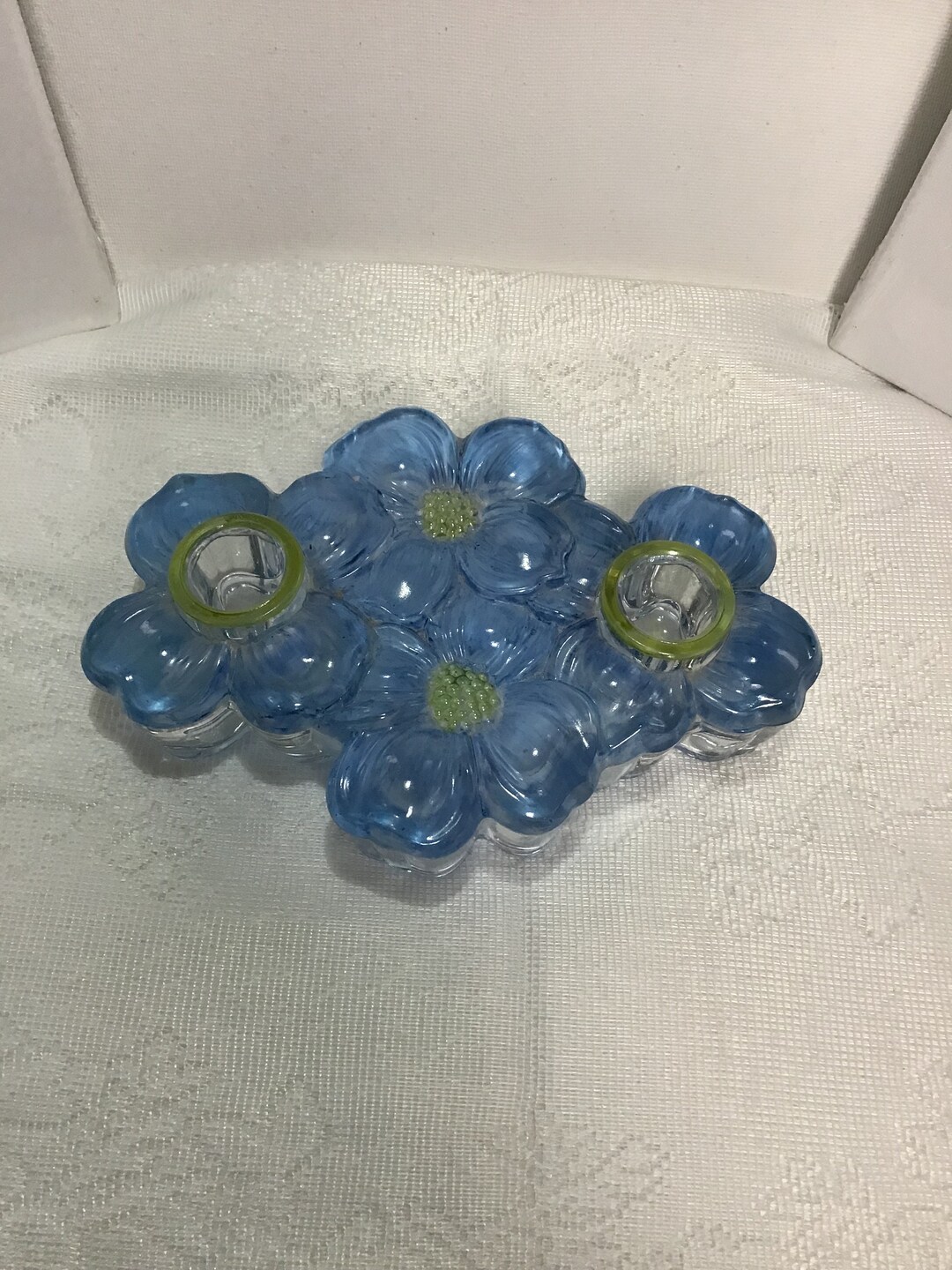Vintage 1948 Colony Glass Double Candle Holder, Blue Dogwood Pattern ...