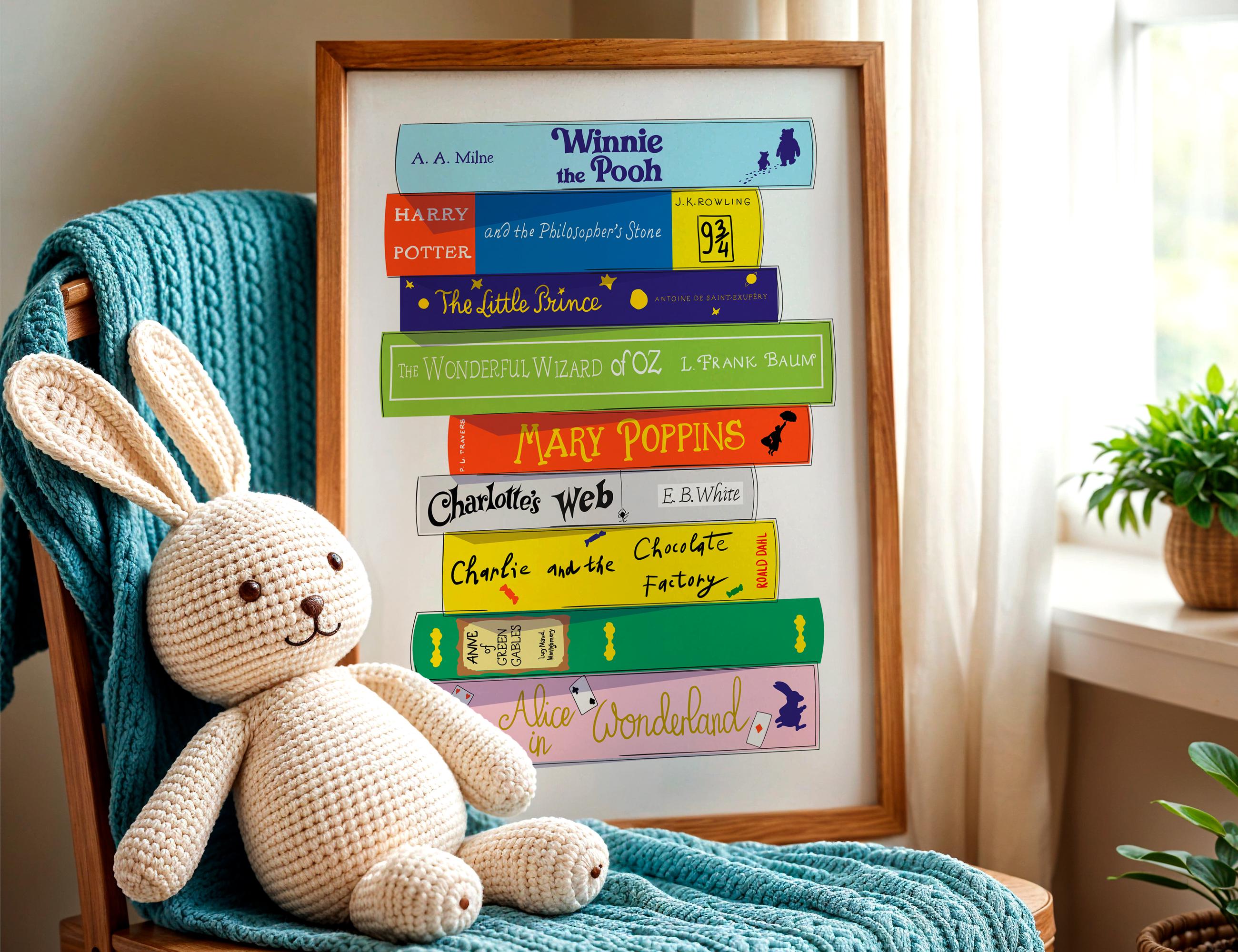 Childrens Book Stack Print: Classic Literature Poster, Kids Room Wall ...