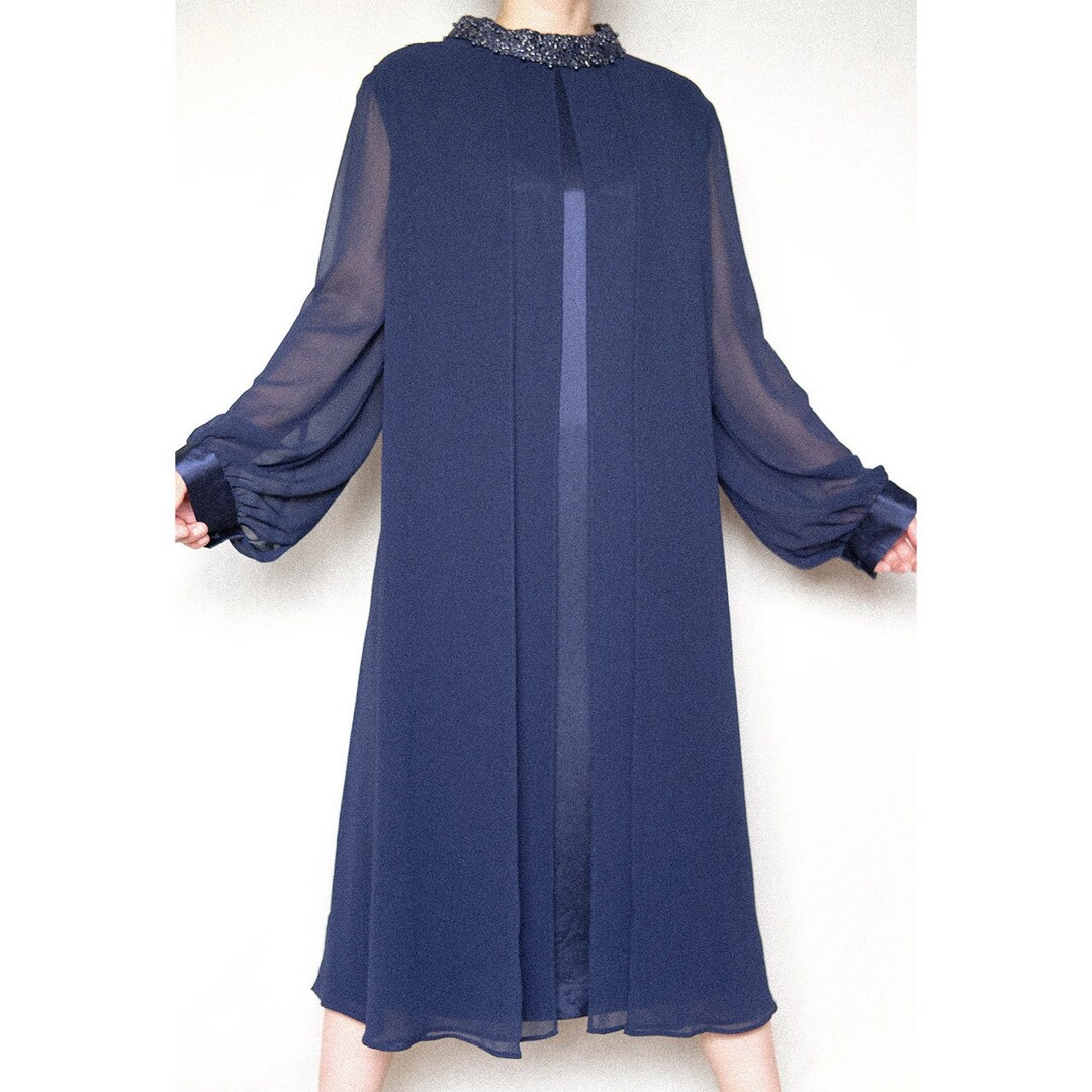 Navy Dress With Sheer Open Front Panel and Sleeves and Beaded - Etsy