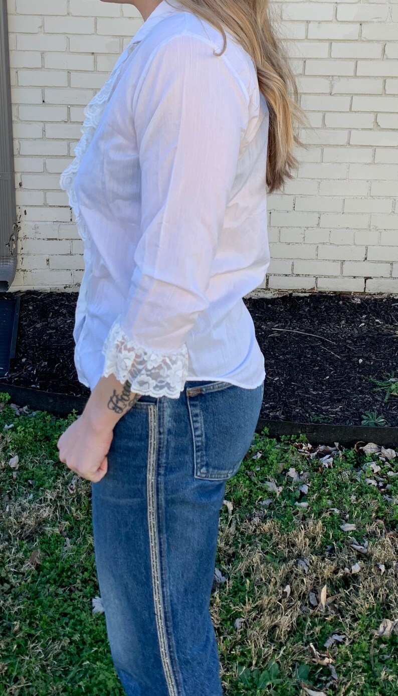 Vintage 60s-70s Semi-sheer White Ruffle Lace 3/4 Sleeves High - Etsy