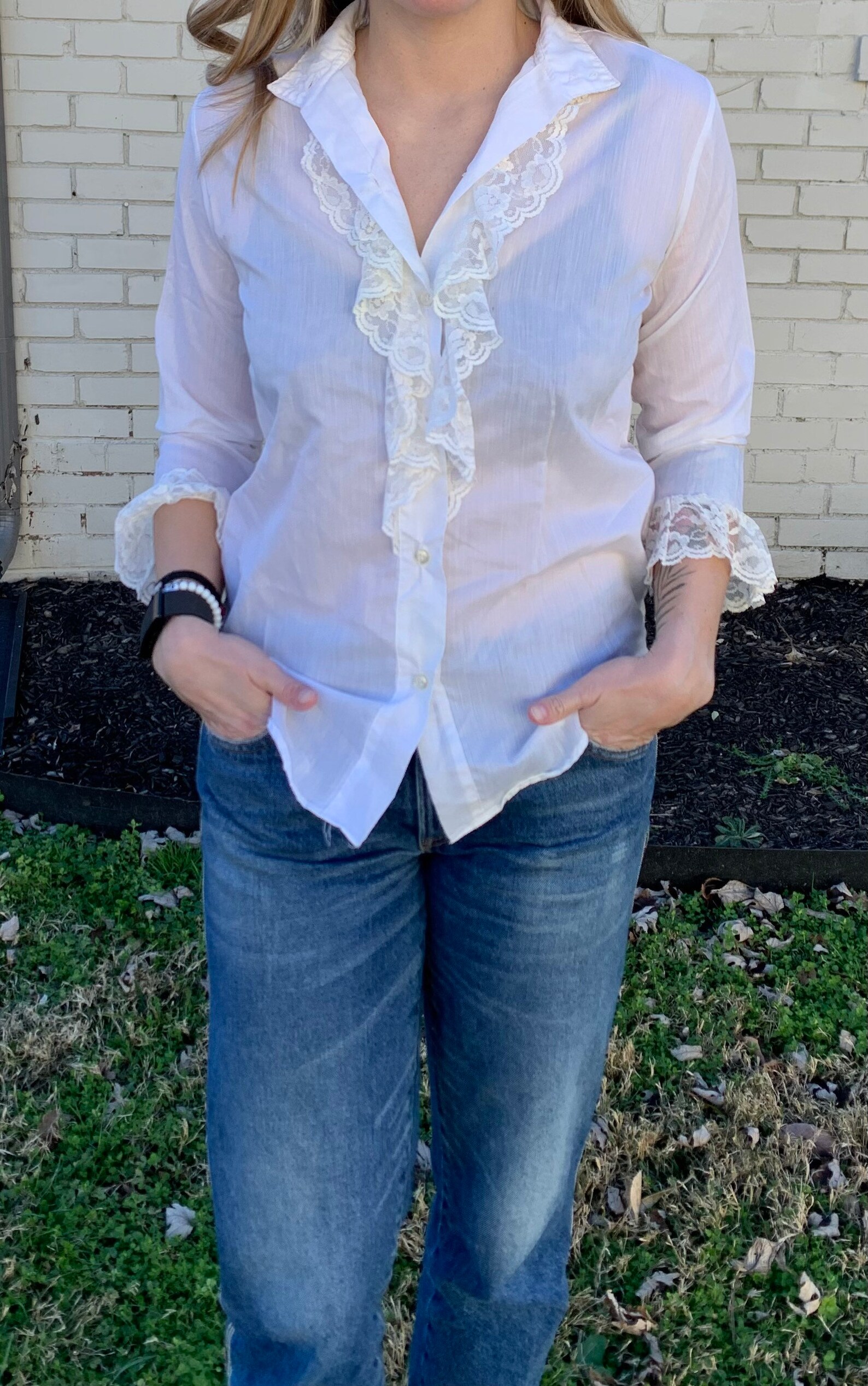 Vintage 60s-70s Semi-sheer White Ruffle Lace 3/4 Sleeves High - Etsy