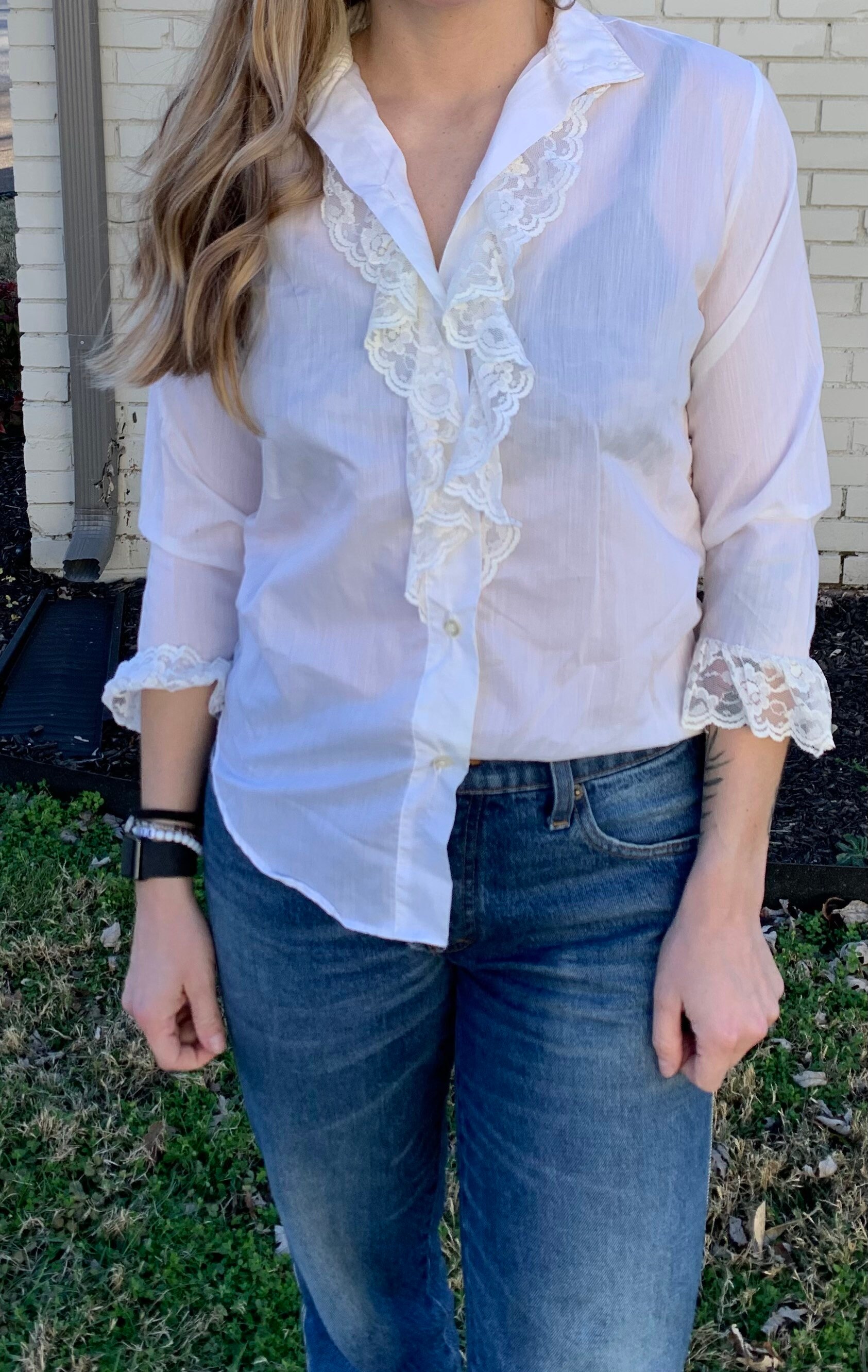 Vintage 60s-70s Semi-sheer White Ruffle Lace 3/4 Sleeves High - Etsy