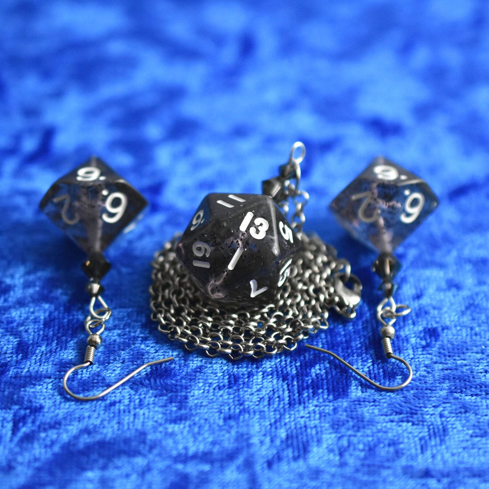 Black Glitter D10 and D20 Dice Earrings and Necklace Set - Tabletop ...