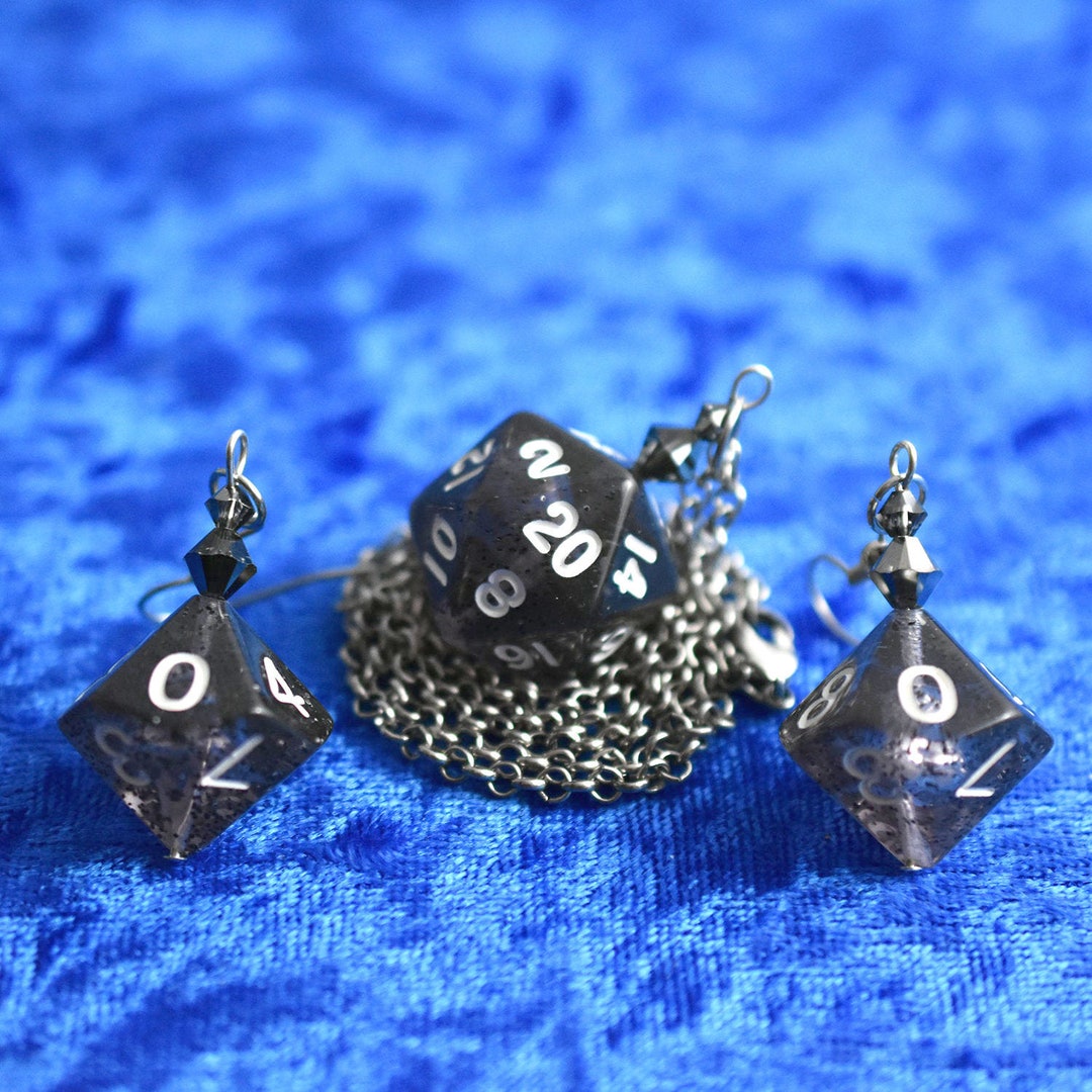 Black Glitter D10 and D20 Dice Earrings and Necklace Set - Tabletop ...