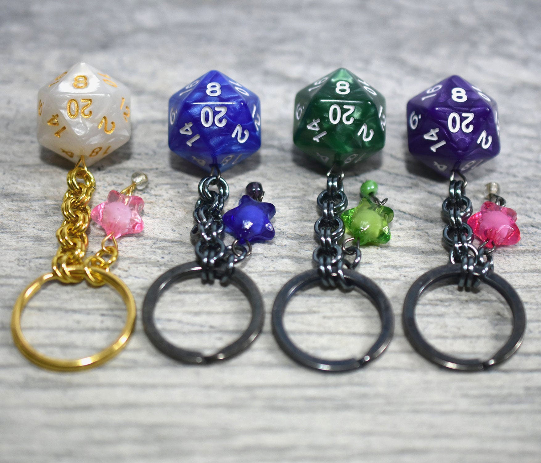 Custom D20 Keychain - Pearlescent White Blue Green and Purple Tabletop ...