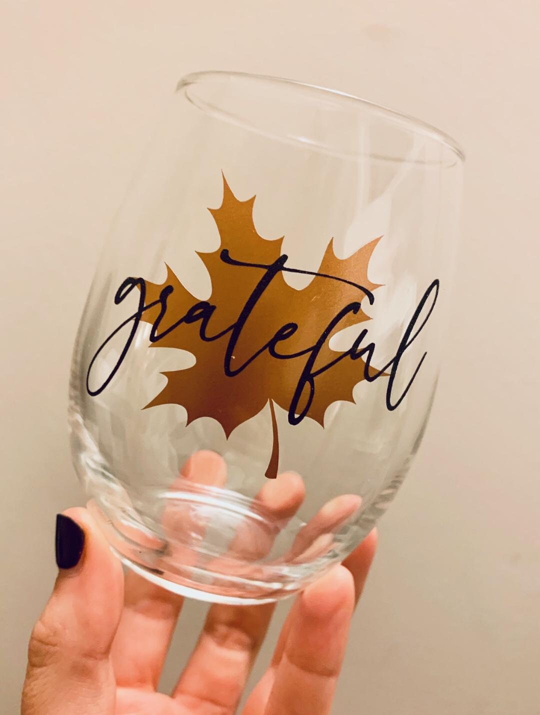 Thankful Grateful Blessed Wine Glass, Thanksgiving Wine Glass, Fall ...