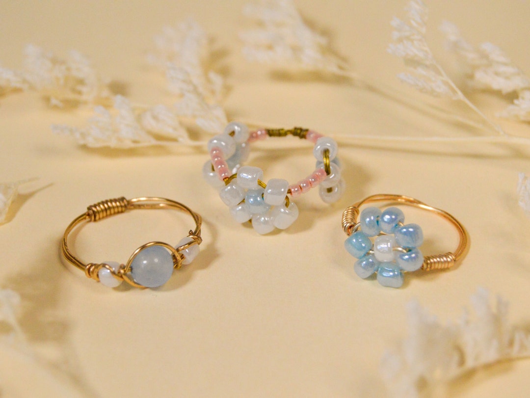 Set of 3 Dainty Blue Rings, Blue Gem Beaded Ring, Blue Flower Beaded ...
