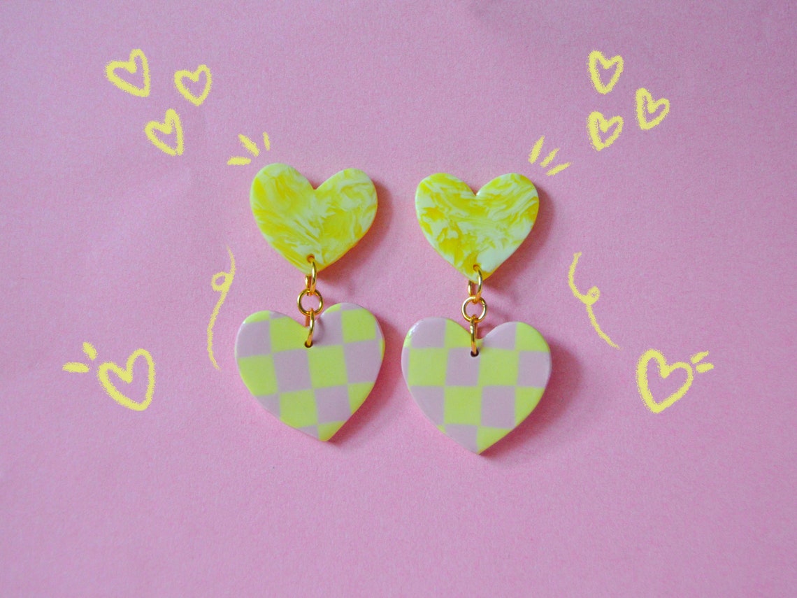 Checkered Heart Earrings, Stacked Heart Earrings, Crystal Yellow Heart ...