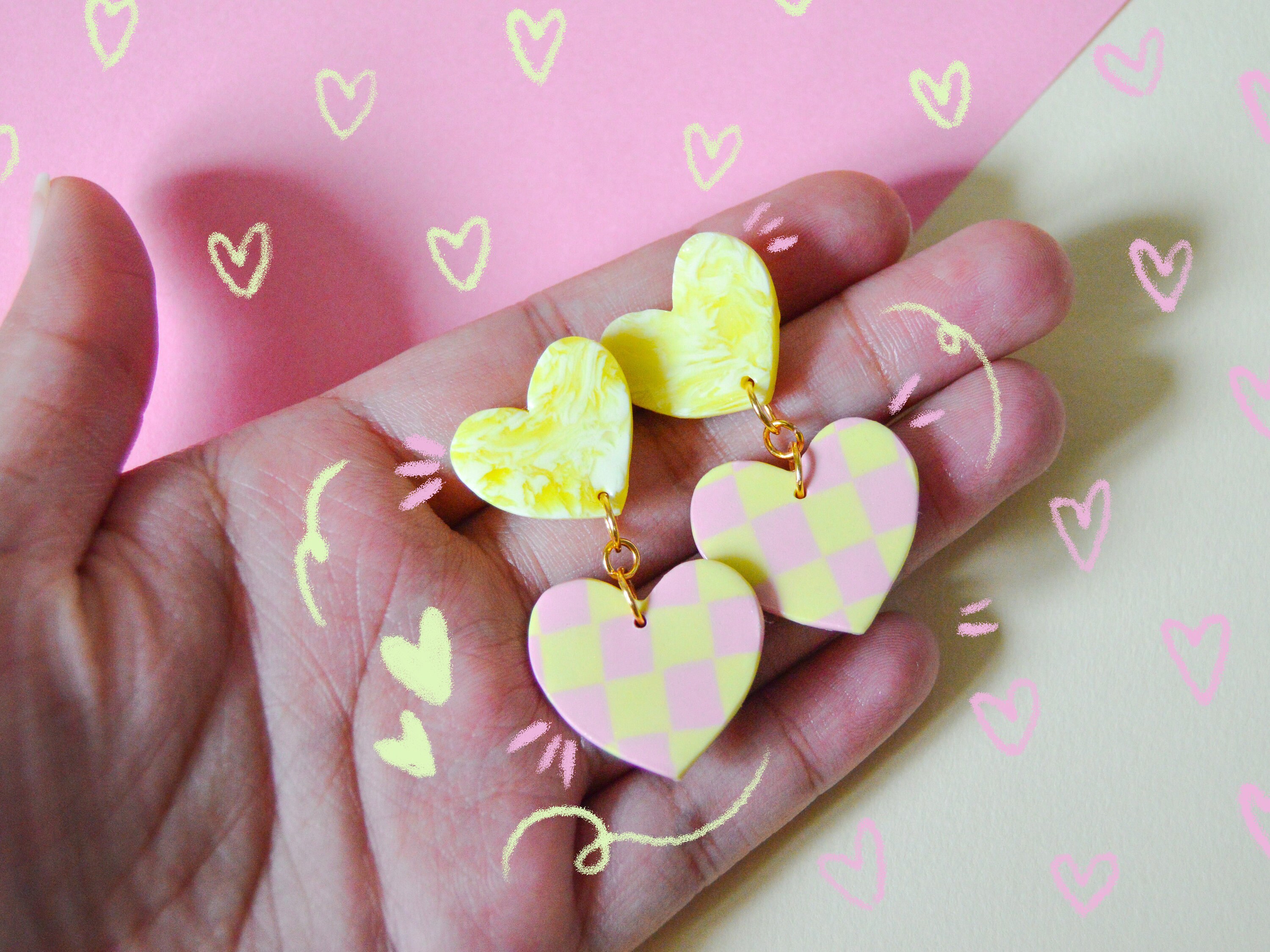 Checkered Heart Earrings, Stacked Heart Earrings, Crystal Yellow Heart ...