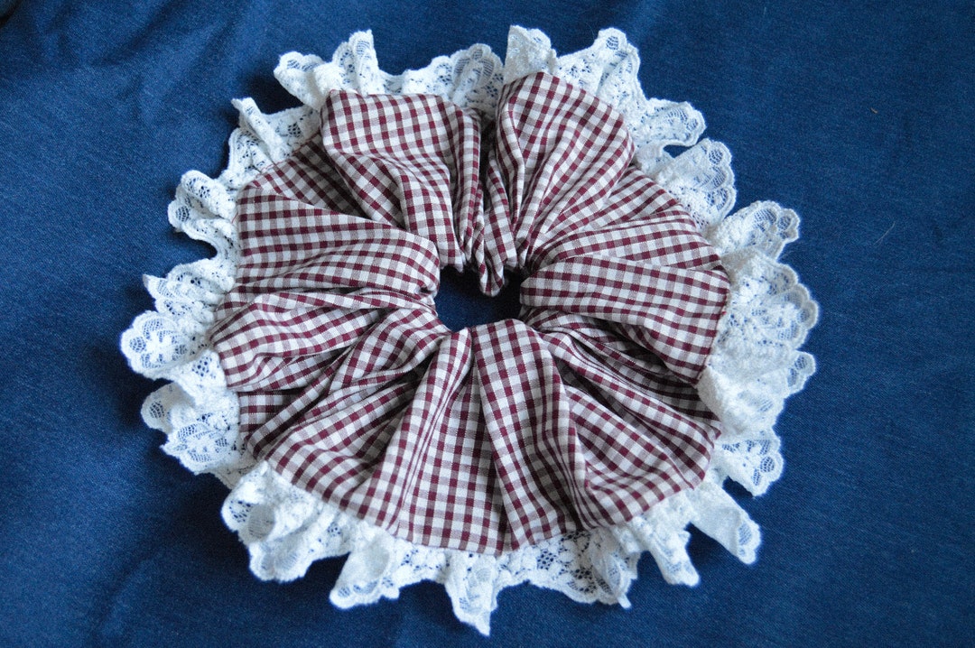 Red Gingham Scrunchie With Ruffled White Lace Trim, Oversized XXL ...