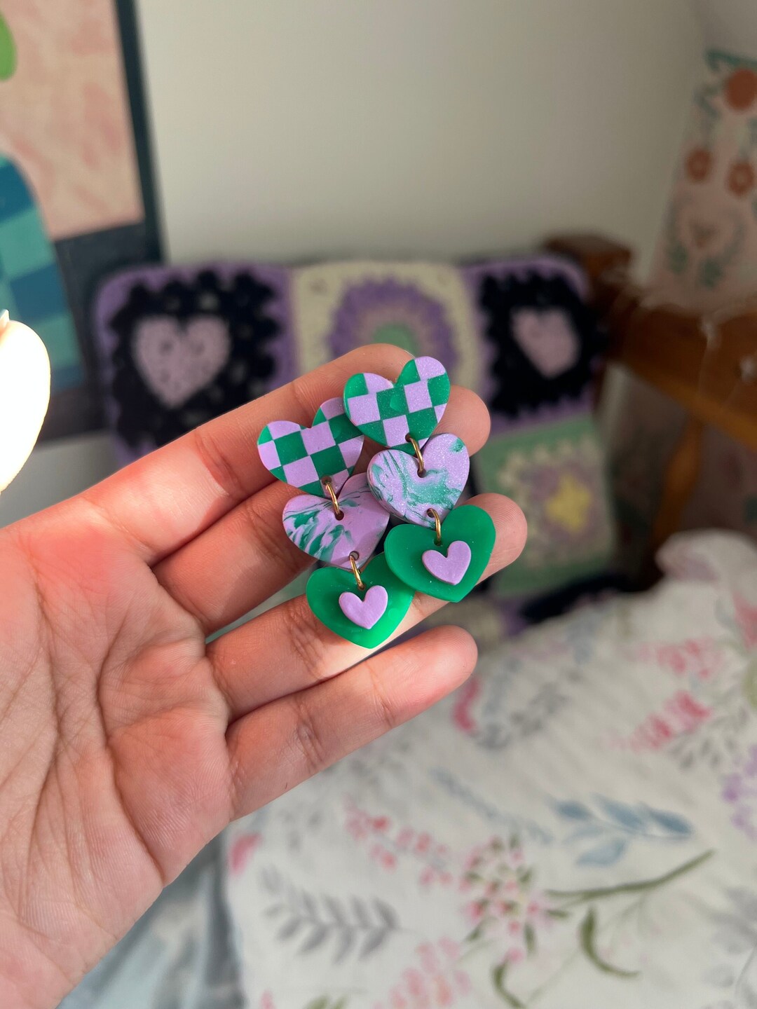Checkerboard Lavender and Green Heart Earrings Handmade From Polymer ...