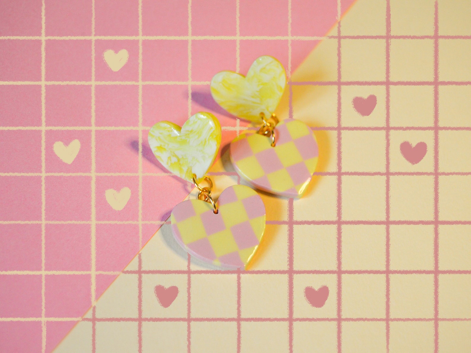Checkered Heart Earrings, Stacked Heart Earrings, Crystal Yellow Heart ...