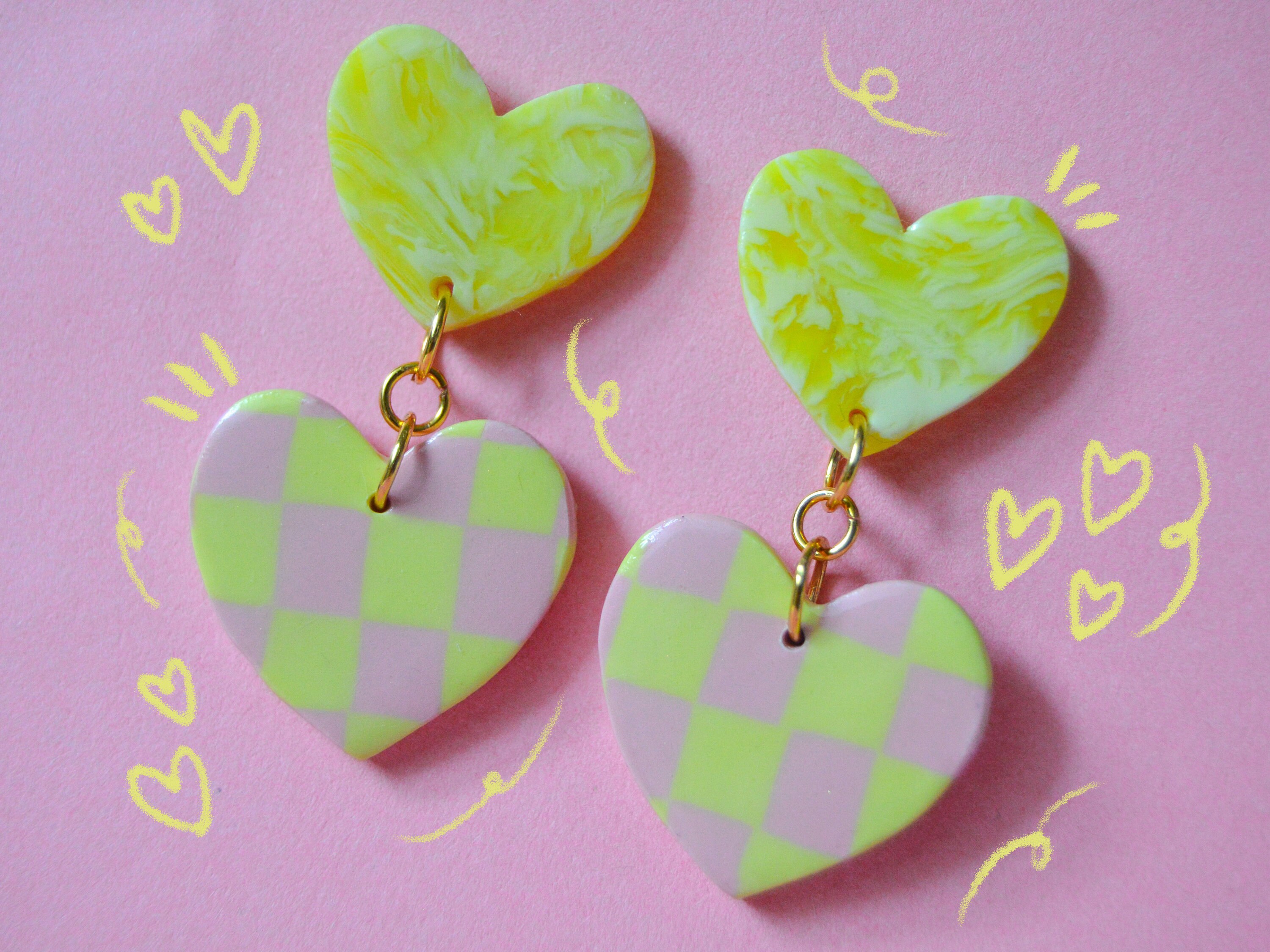 Checkered Heart Earrings, Stacked Heart Earrings, Crystal Yellow Heart ...
