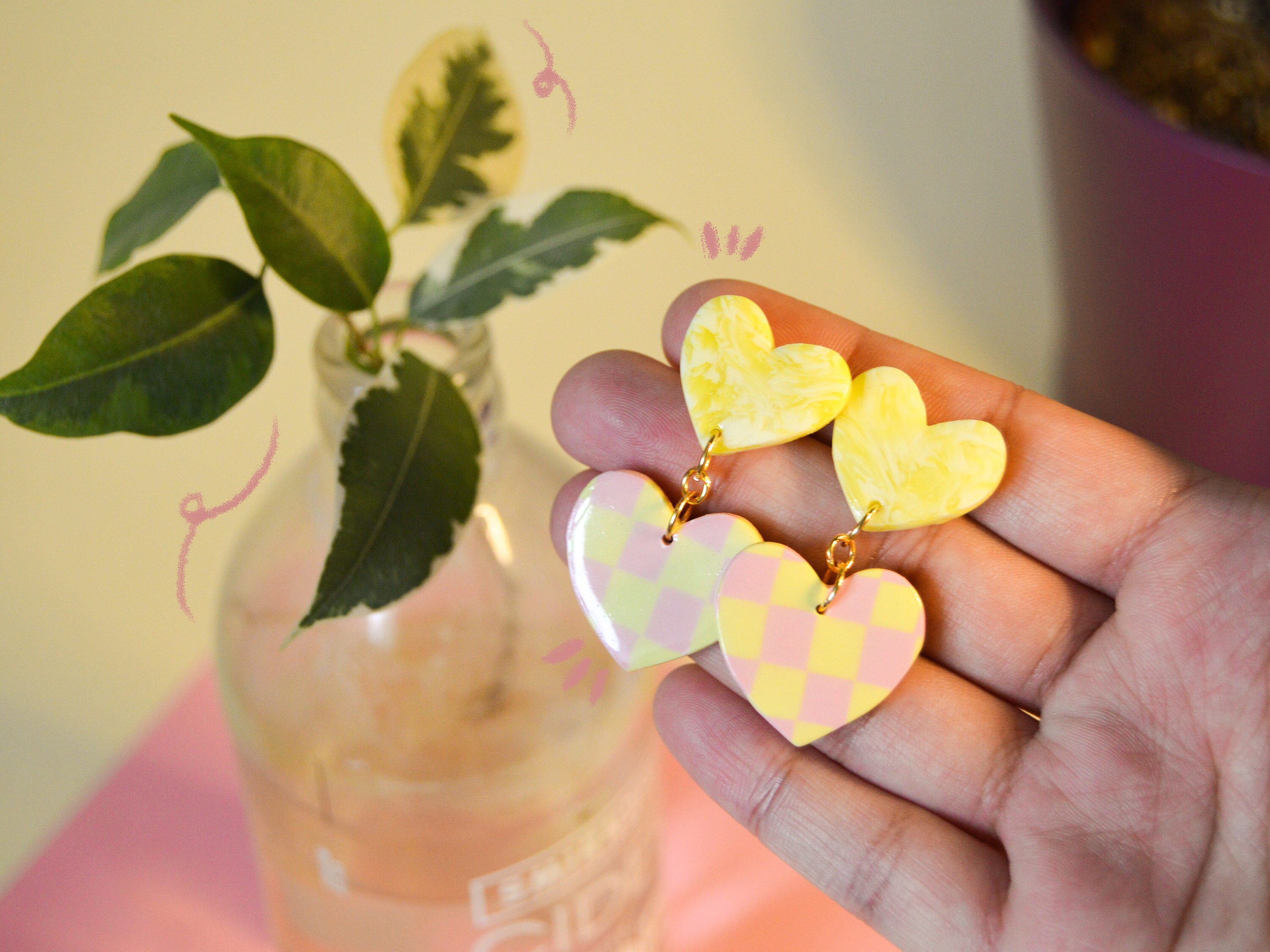 Checkered Heart Earrings, Stacked Heart Earrings, Crystal Yellow Heart ...